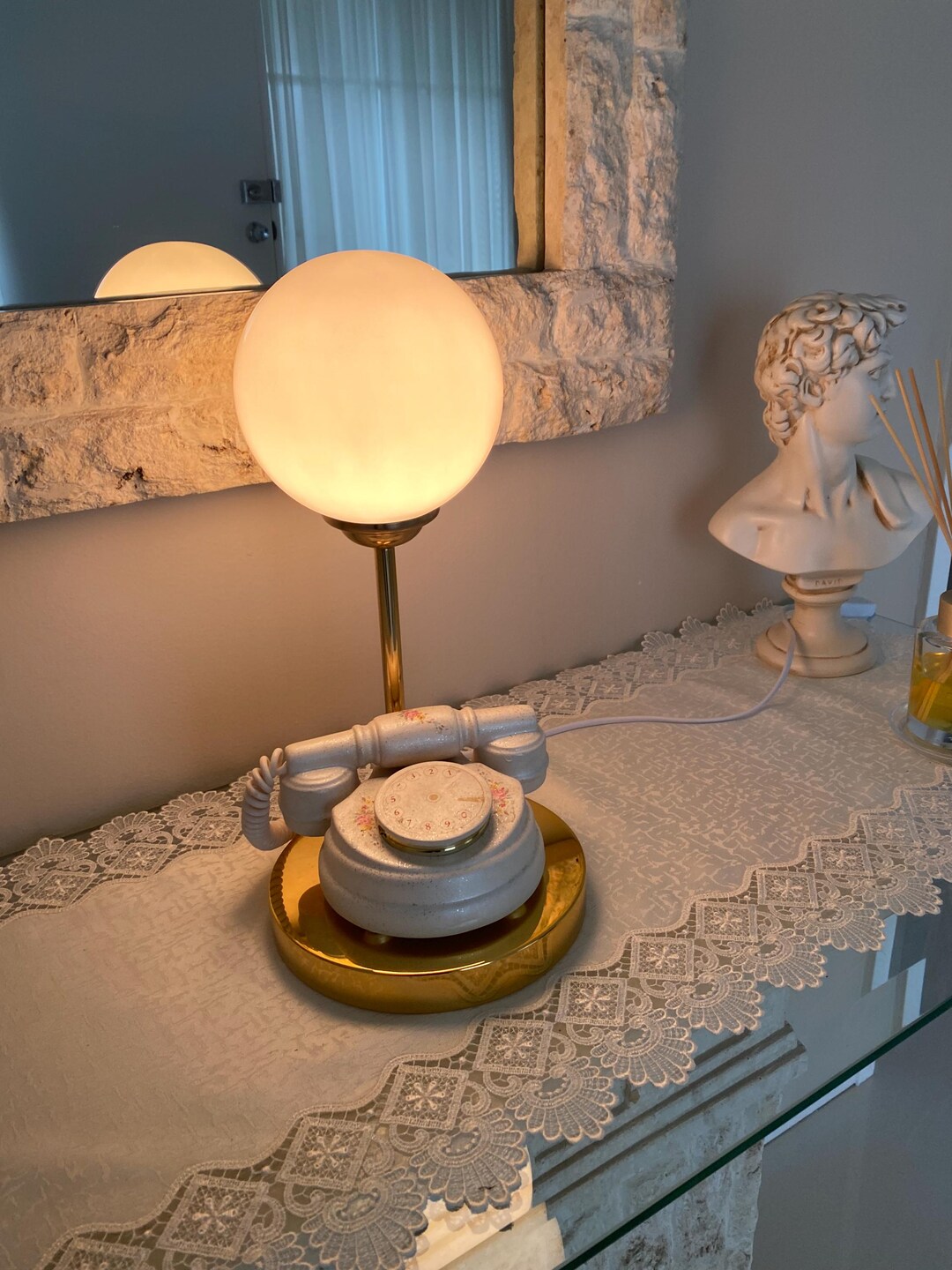 Vintage Italian Ceramic Telephone Lamp on Brass Gold Plate With White ...