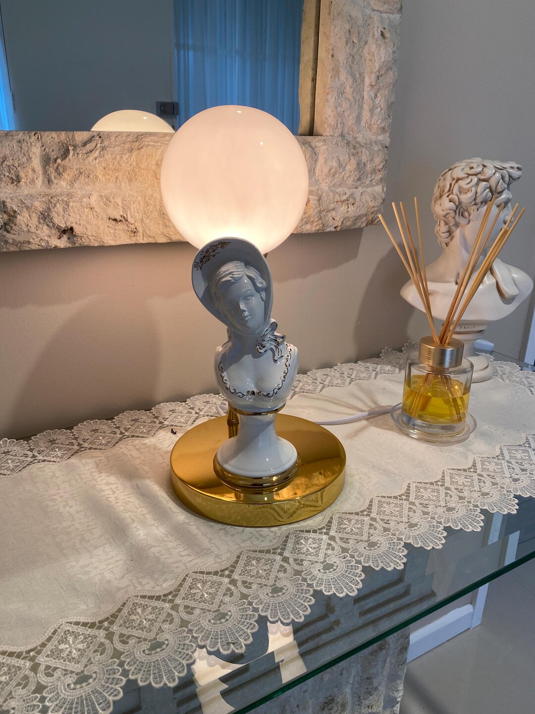 Vintage Italian Ceramic Lady Bust Lamp on Brass Gold Plate With Sphere ...
