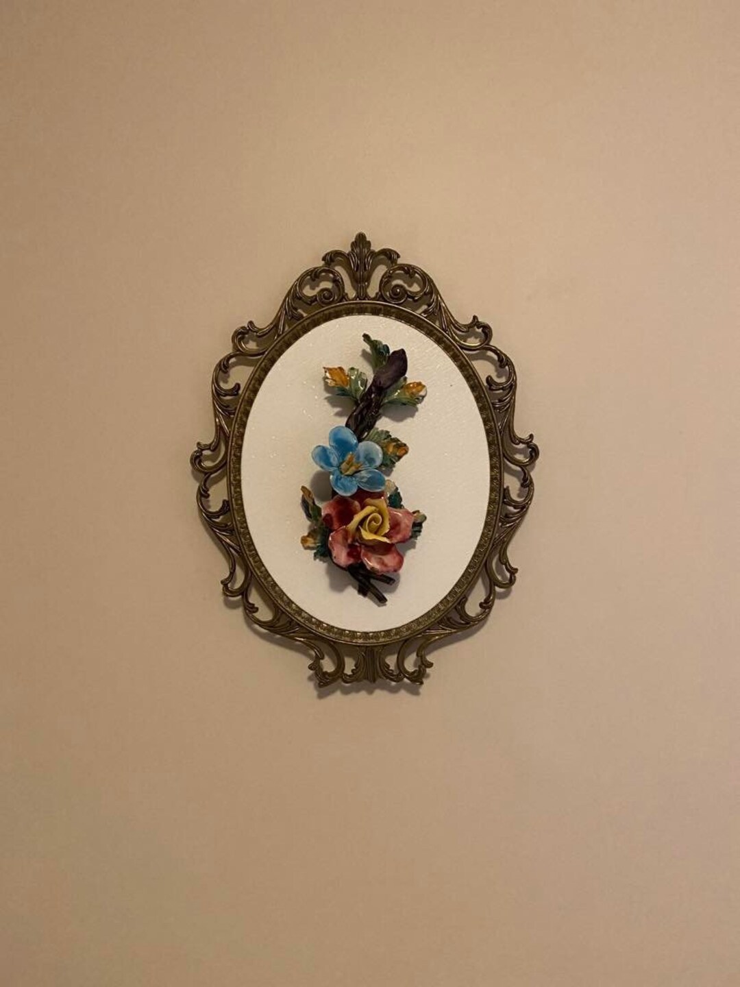 Vintage Italian Gold Metal Wall Frame With Ceramic Flower - Etsy