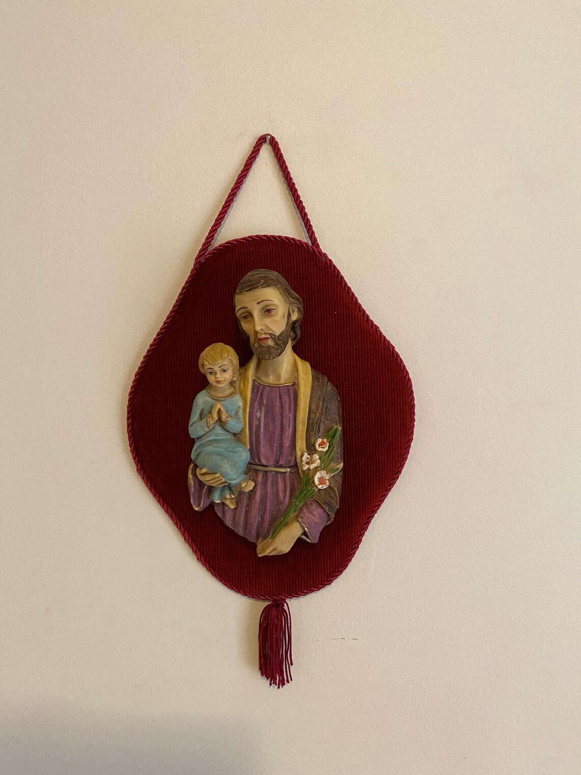 Vintage Religious Velvet Trestle Wall Plaque With Joseph & Baby Jesus ...