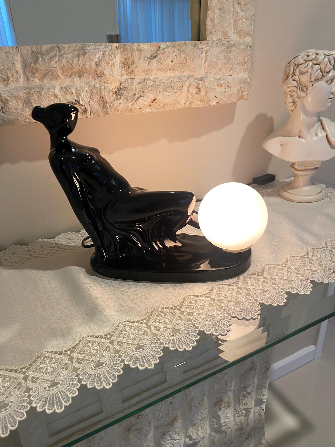 Vintage Ceramic Lamp With Posing Lady (black Color) - Etsy