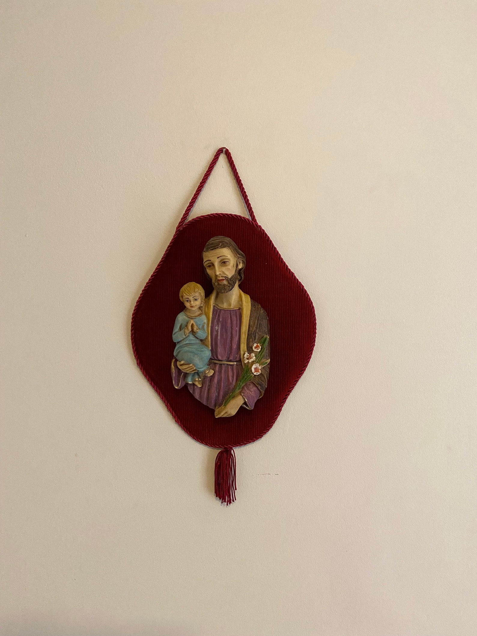 Vintage Religious Velvet Trestle Wall Plaque With Joseph & Baby Jesus ...