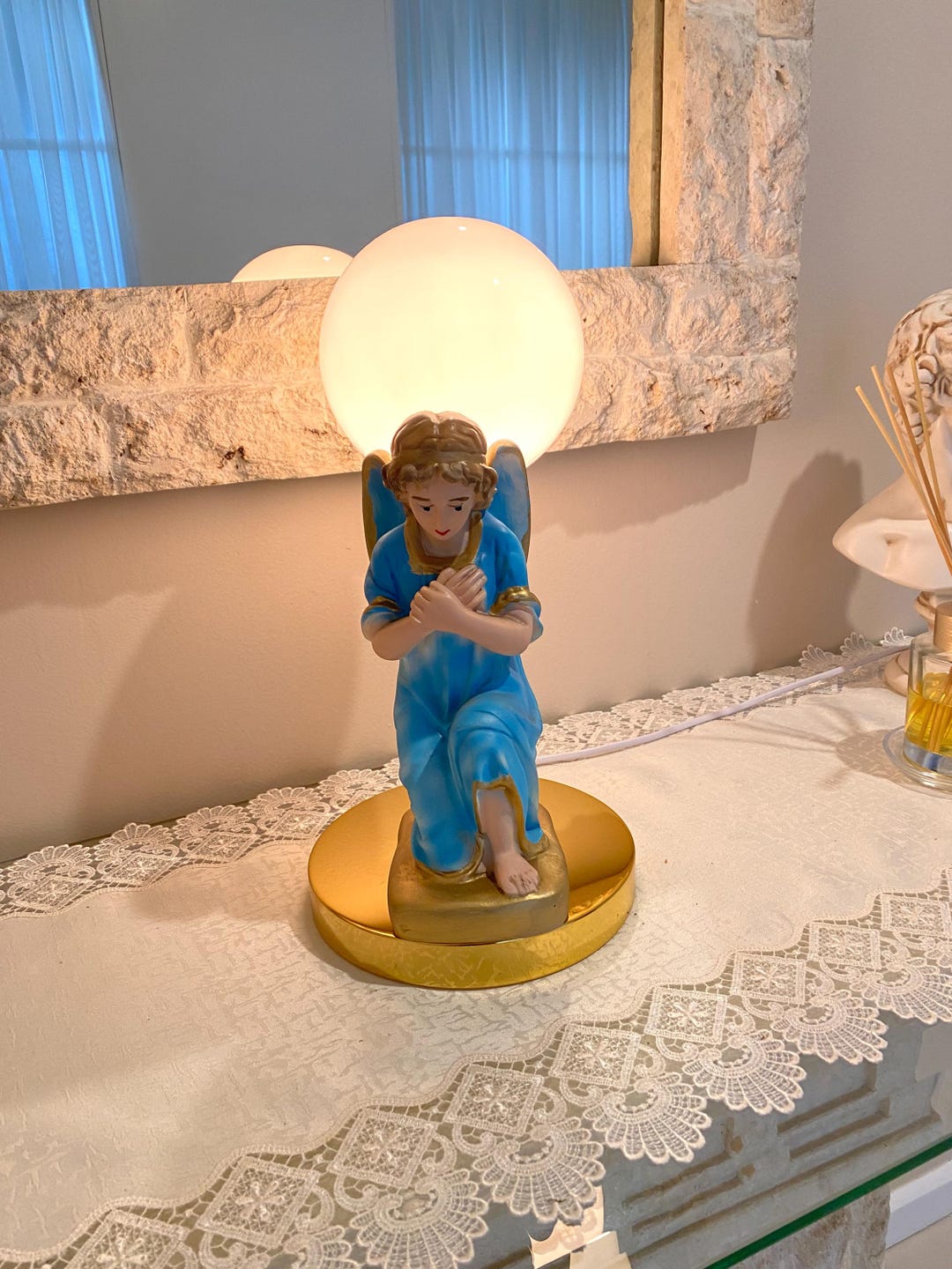 Vintage Angel Lamp on Gold Brass Plate With White Glass Sphere (BLUE ...