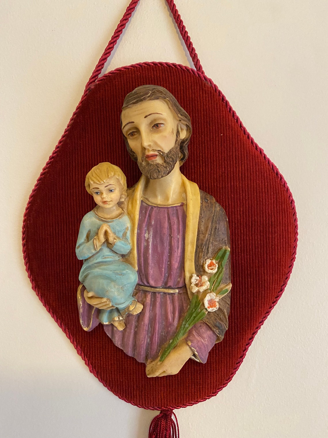 Vintage Religious Velvet Trestle Wall Plaque With Joseph & Baby Jesus ...