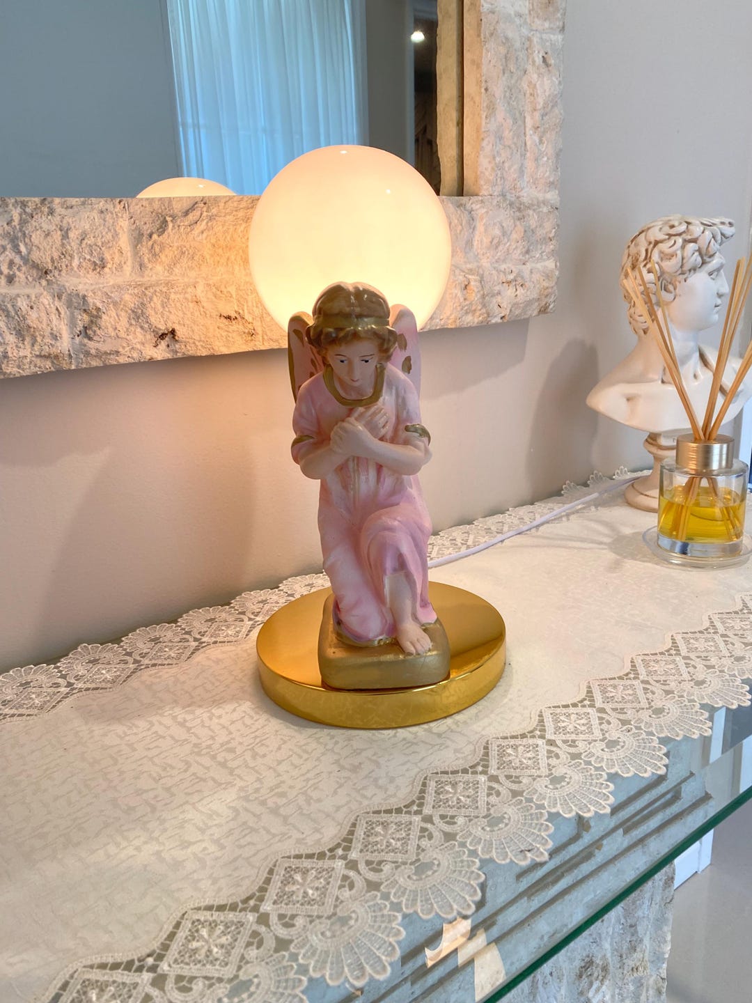 Vintage Angel Lamp on Gold Brass Plate With White Glass Sphere (PINK ...