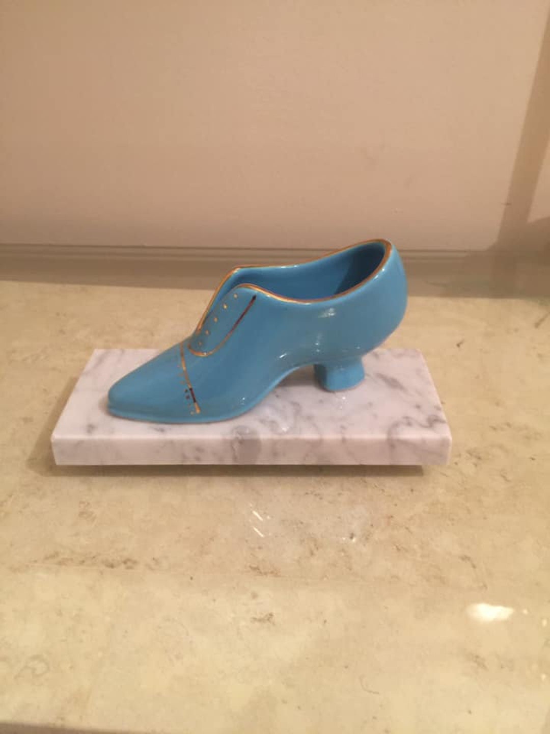 Vintage Statue of Ceramic Blue Shoe on Marble Stand - Etsy