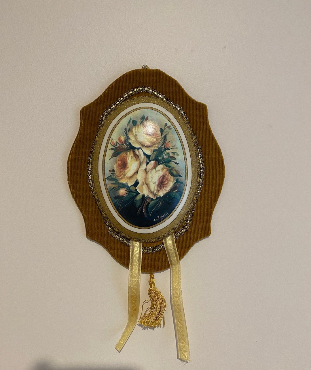 Vintage Mustard Velvet Wall Trestle With Ceramic Oval Plaque of Flowers ...