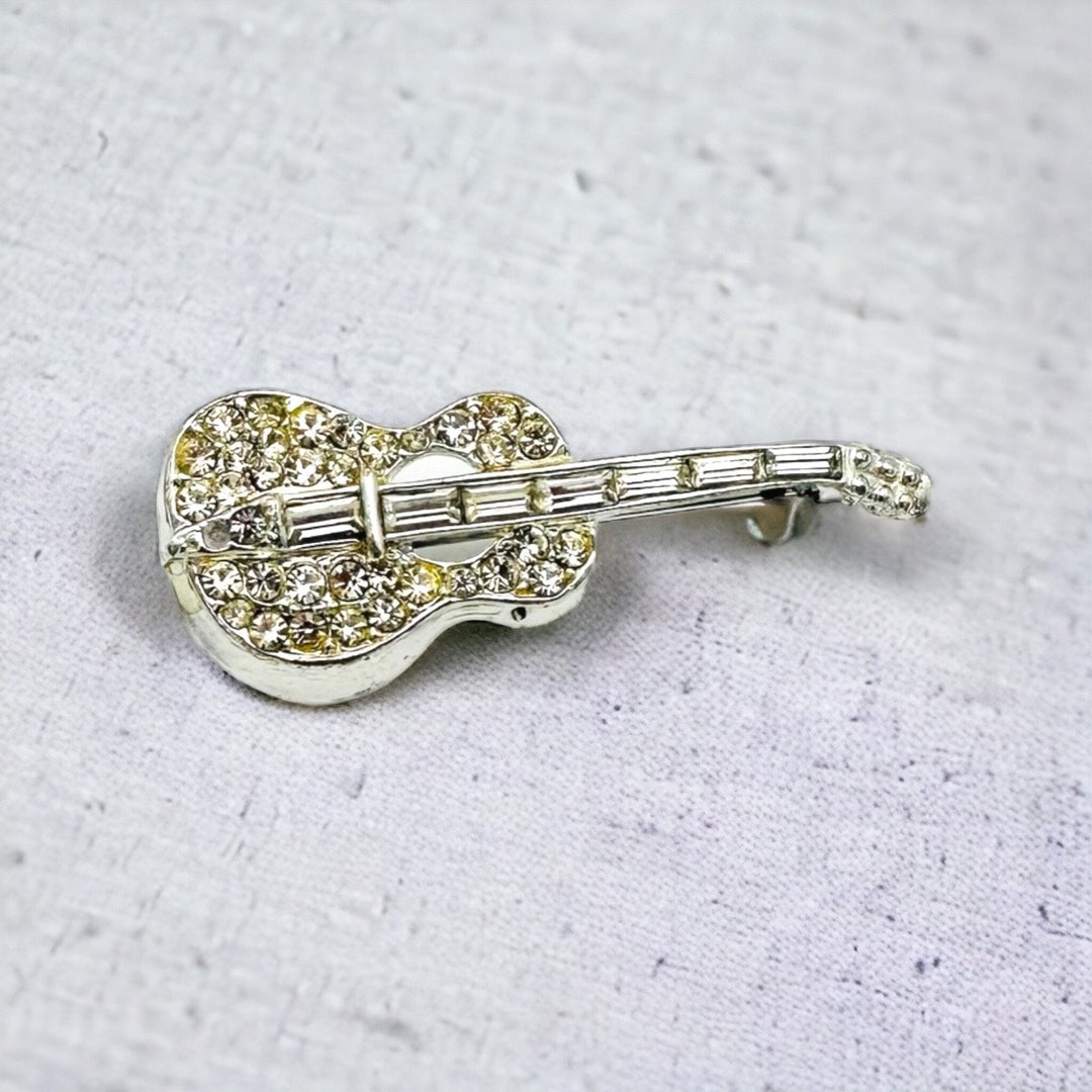 Vintage Rhinestone Guitar Brooch Pin Vintage Jewelry Silver Tone Metal ...