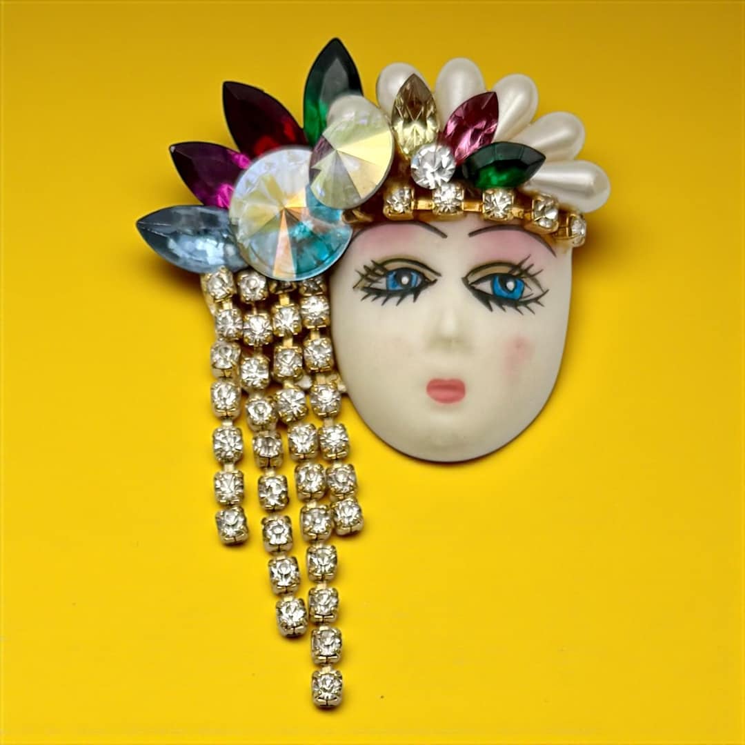 Vintage Flapper Gatsby Art Deco Rhinestone Mask Brooch – Silver Tone ...