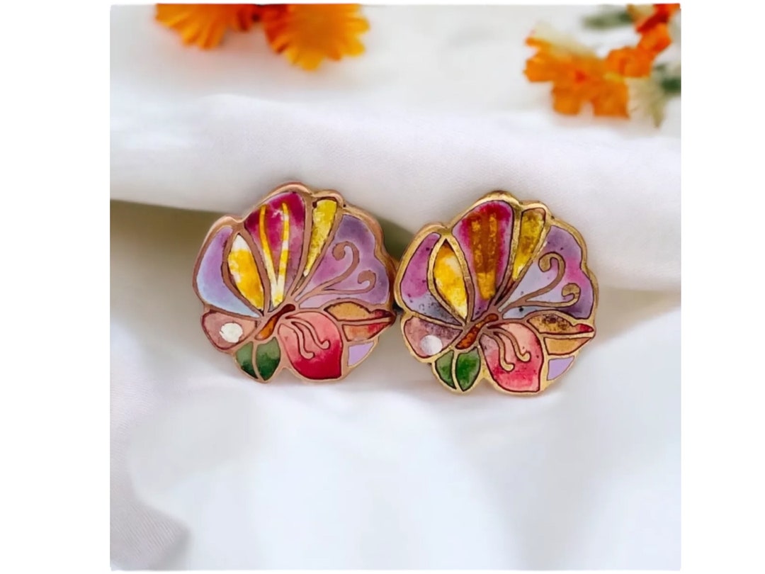 Vintage David Kuo Champleve Cloisonne Enamel Butterfly Flower Clip on ...