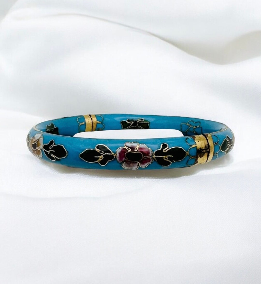 Vintage Cloisonne Hinged Bangle Bracelet Light Blue With Flower Motif ...