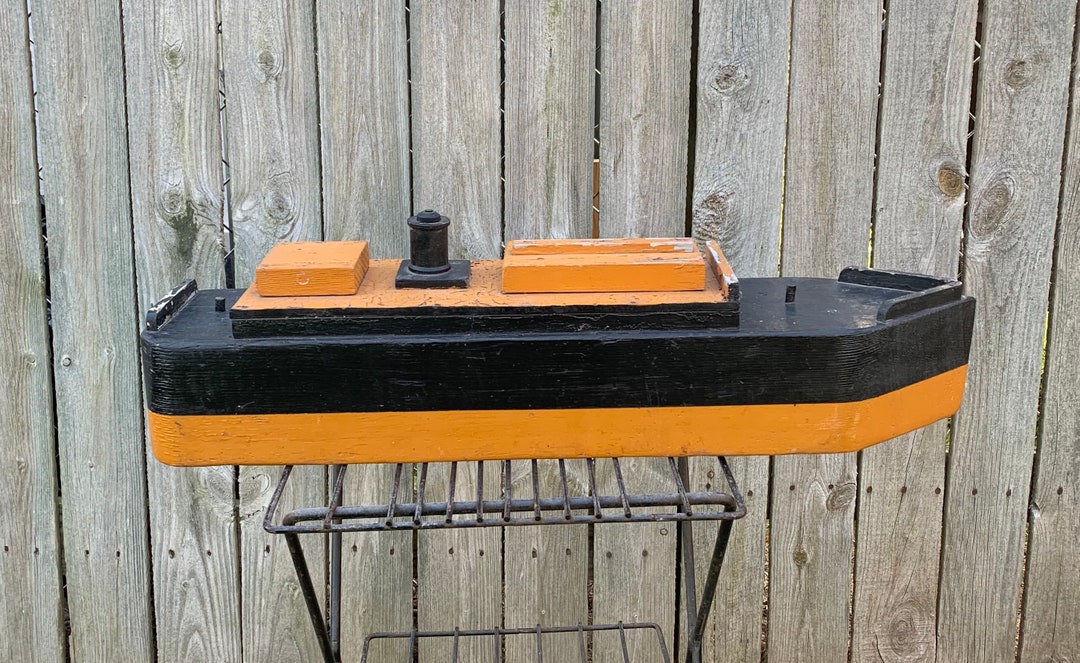 Vintage Handmade Primitive Wood Pond Boat Folk Art Freight Liner Steam ...