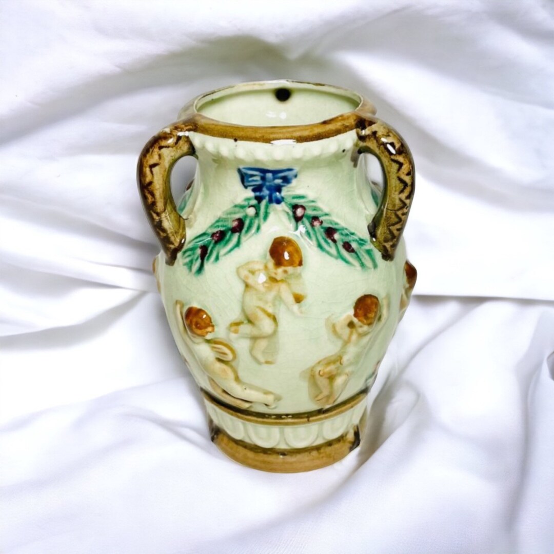 Vintage Small Majolica 3 Handle Ceramic Vase Cherubs Angels Made in ...