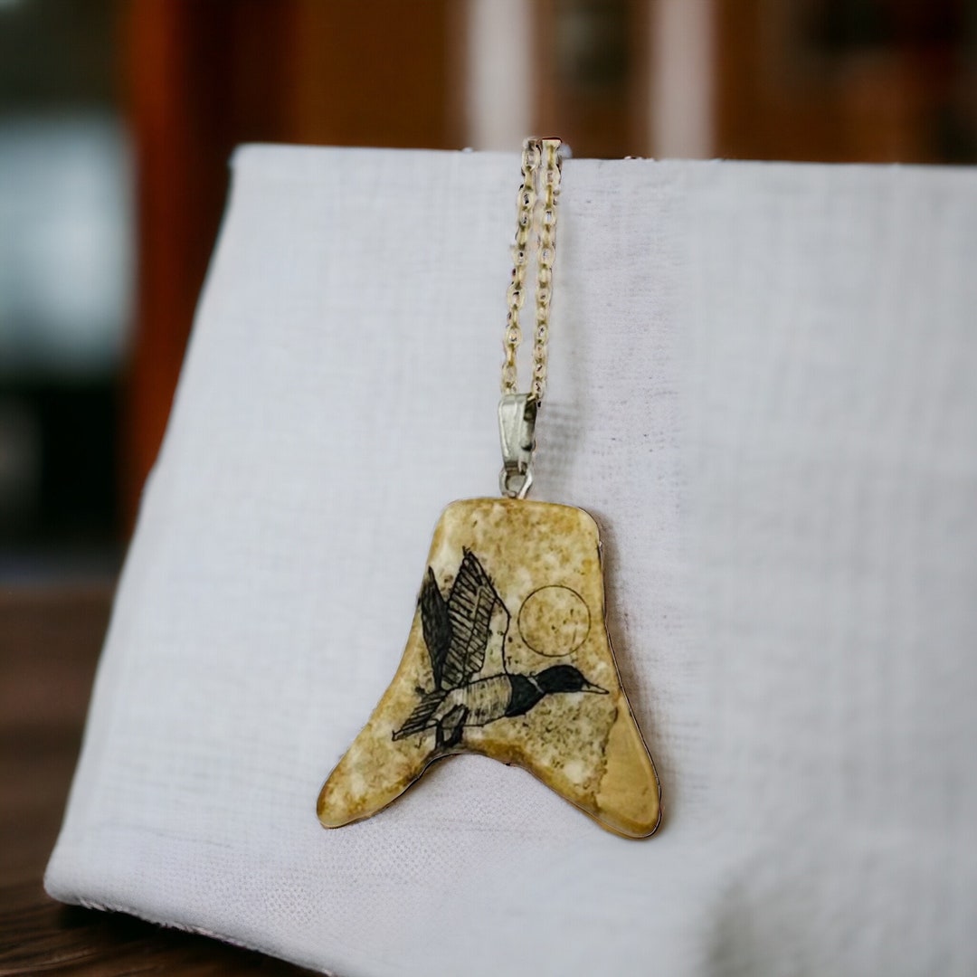 Vintage Scrimshaw Duck in Flight Pendant Necklace 12K Gold Filled Chain ...
