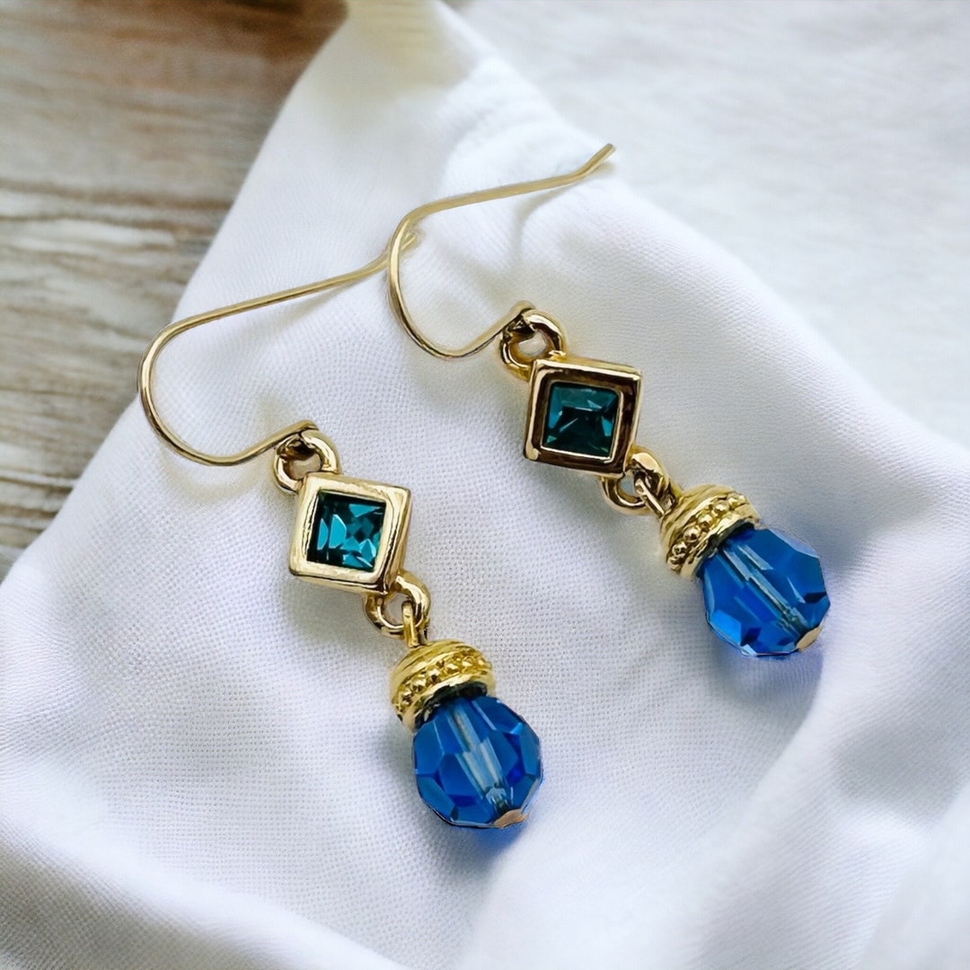 Swarovski Swan Signed Blue Crystal Gold Plated Dangle Earings - Etsy