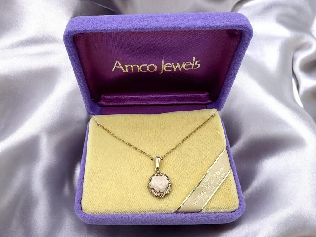 Vintage Amco Jewels Angel Soft Coral Carved Rose Necklace 14k Gold ...