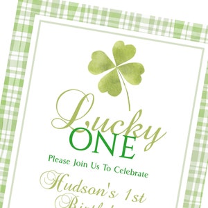 Watercolor Four Leaf Clover Birthday Invitation, Lucky ONE First ...