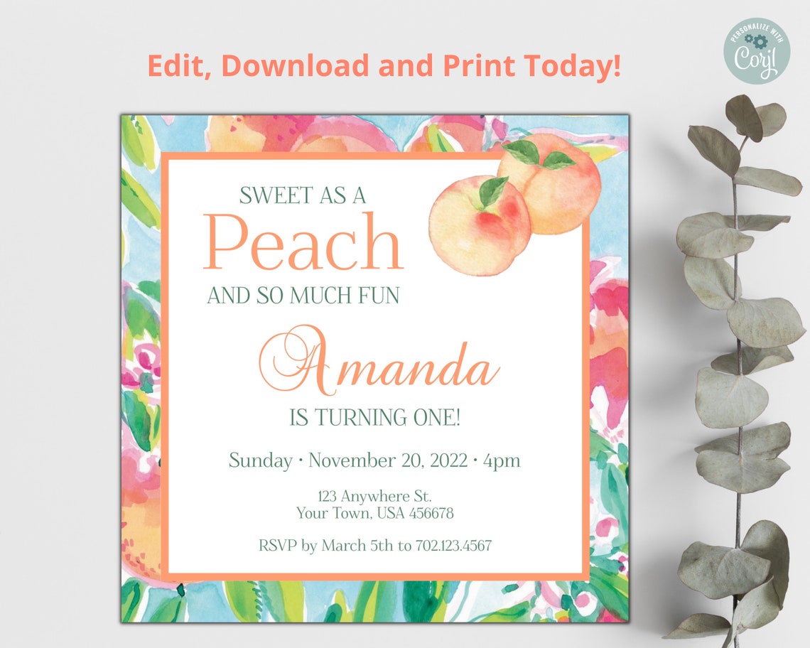 Editable Peach Birthday Invitation One Sweet Peach First - Etsy