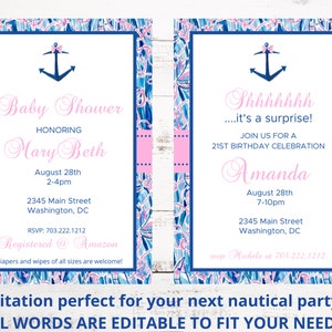 EDITABLE Pink and Blue Invitation Template, Printable Nautical Brunch ...