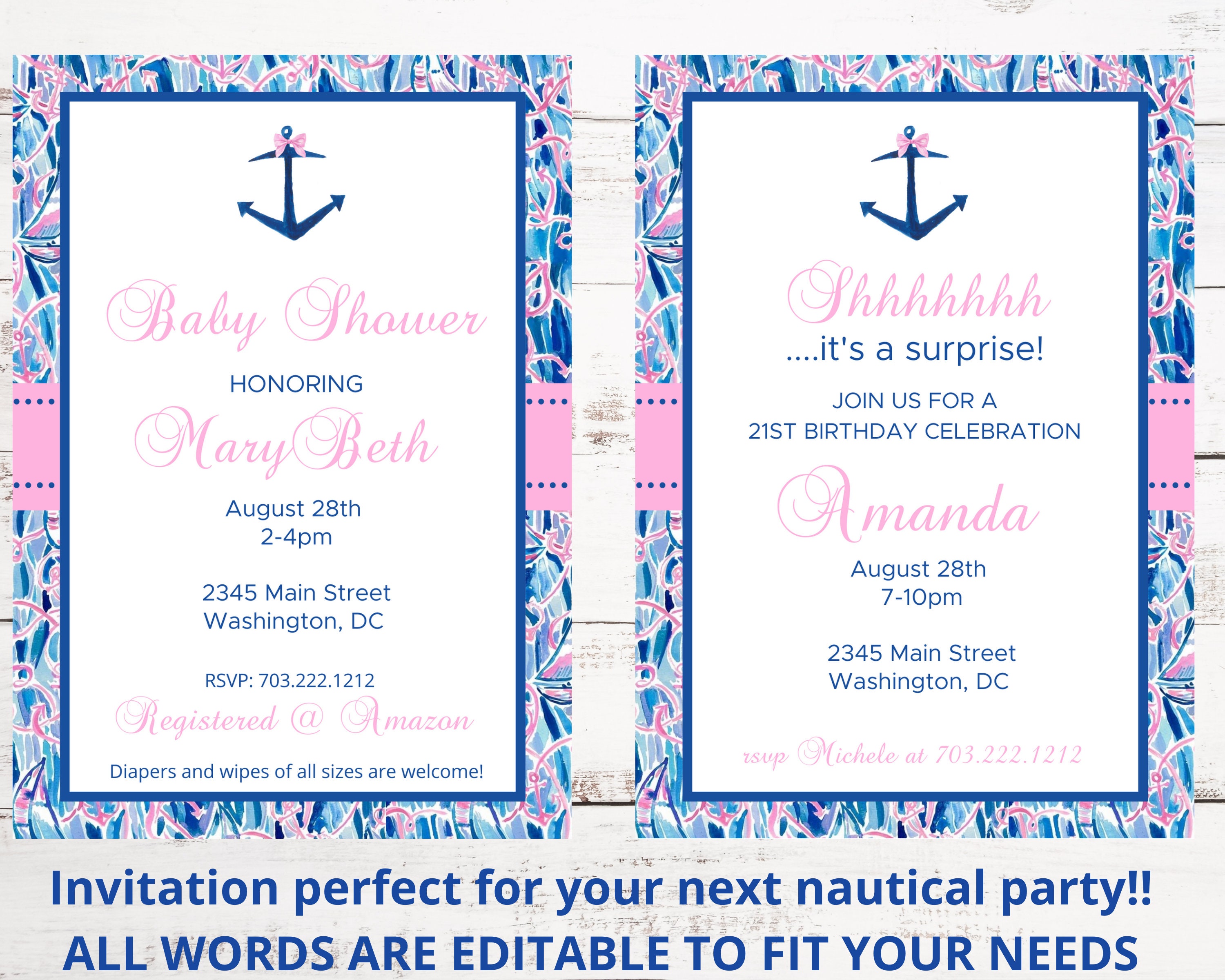 EDITABLE Pink and Blue Invitation Template, Printable Nautical Brunch ...