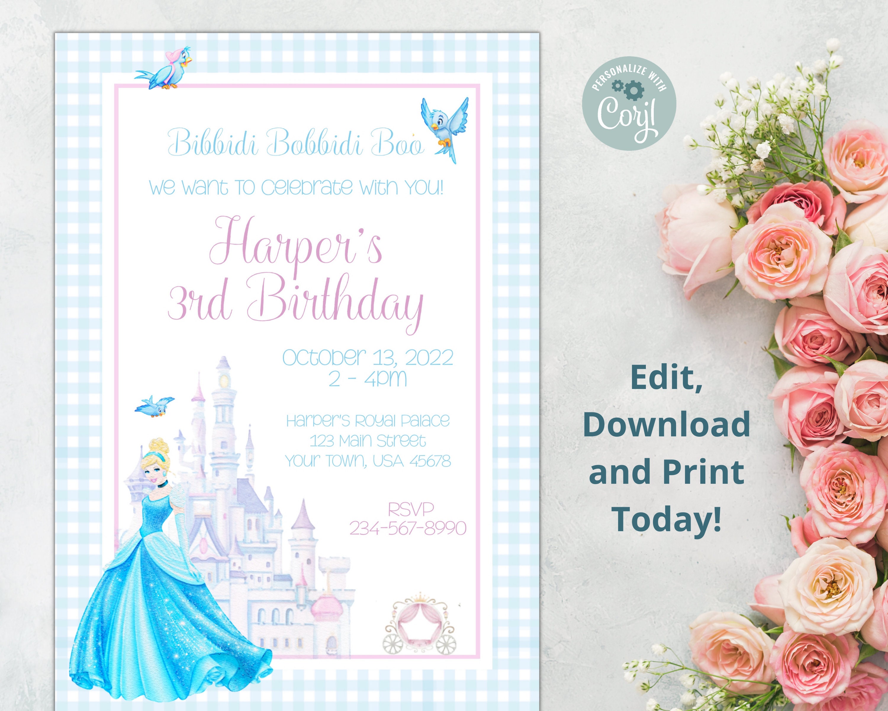 Cinderella Birthday Party Invitation Watercolor Princess - Etsy