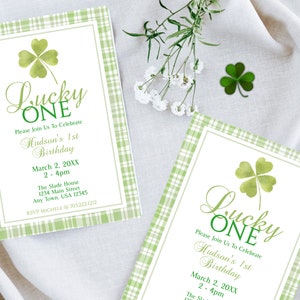 Watercolor Four Leaf Clover Birthday Invitation, Lucky ONE First ...