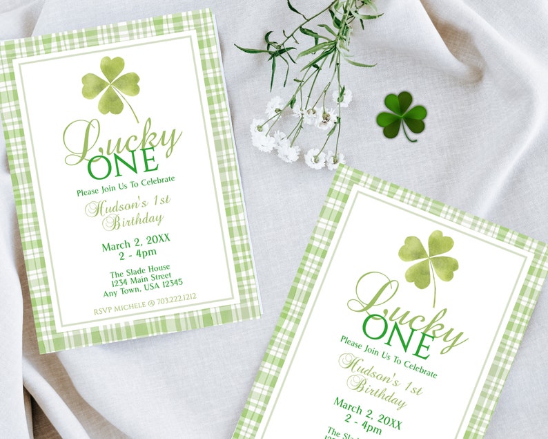Watercolor Four Leaf Clover Birthday Invitation Lucky ONE - Etsy