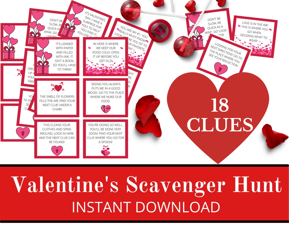 Valentines Day Scavenger Hunt Clue Cards Valentines Day Etsy