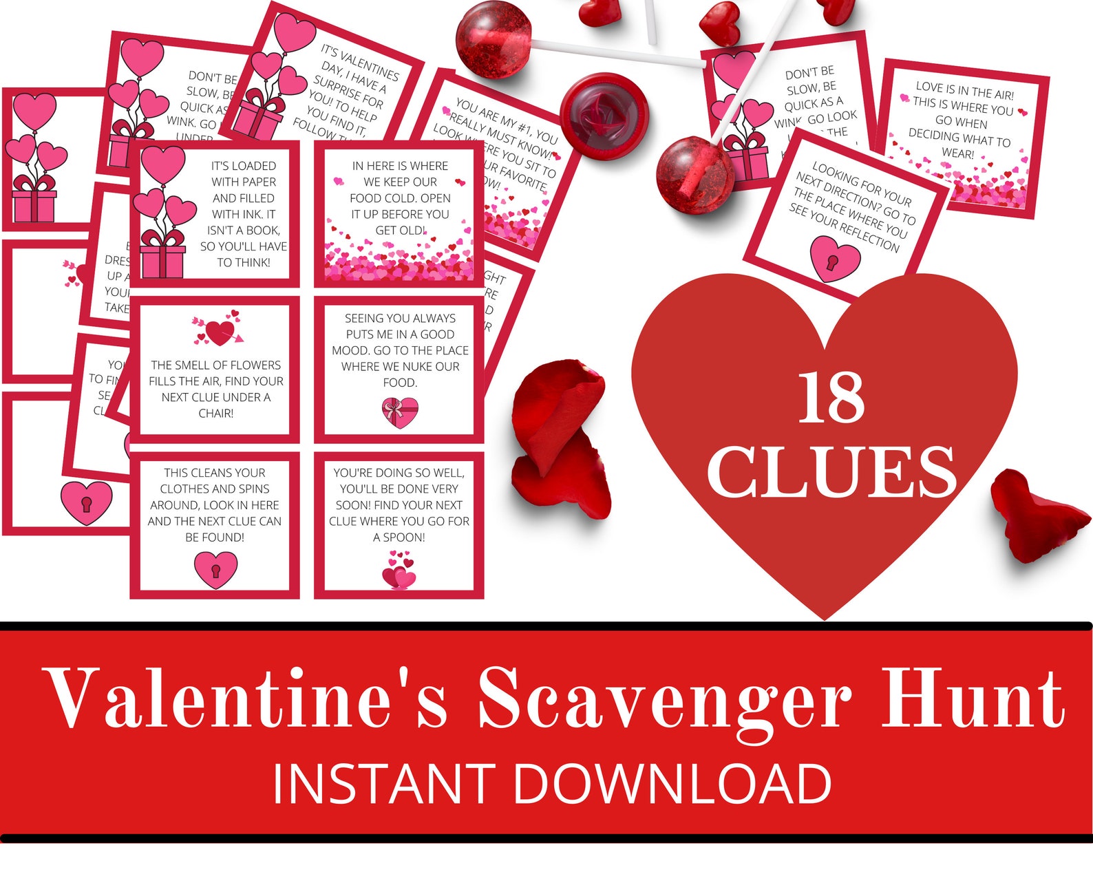 Valentines Day Scavenger Hunt Clue Cards / Valentine's Day Treasure ...