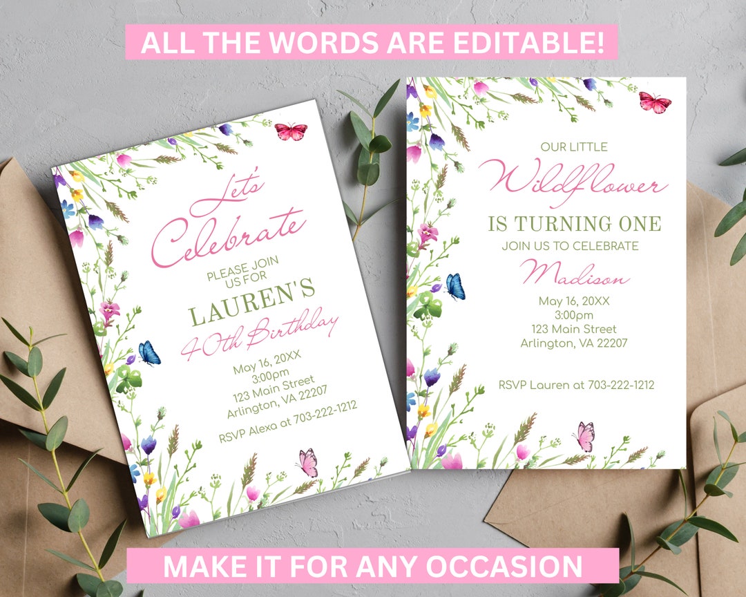 Wildflower Birthday Invitation Template, Wildflower 1st Birthday ...