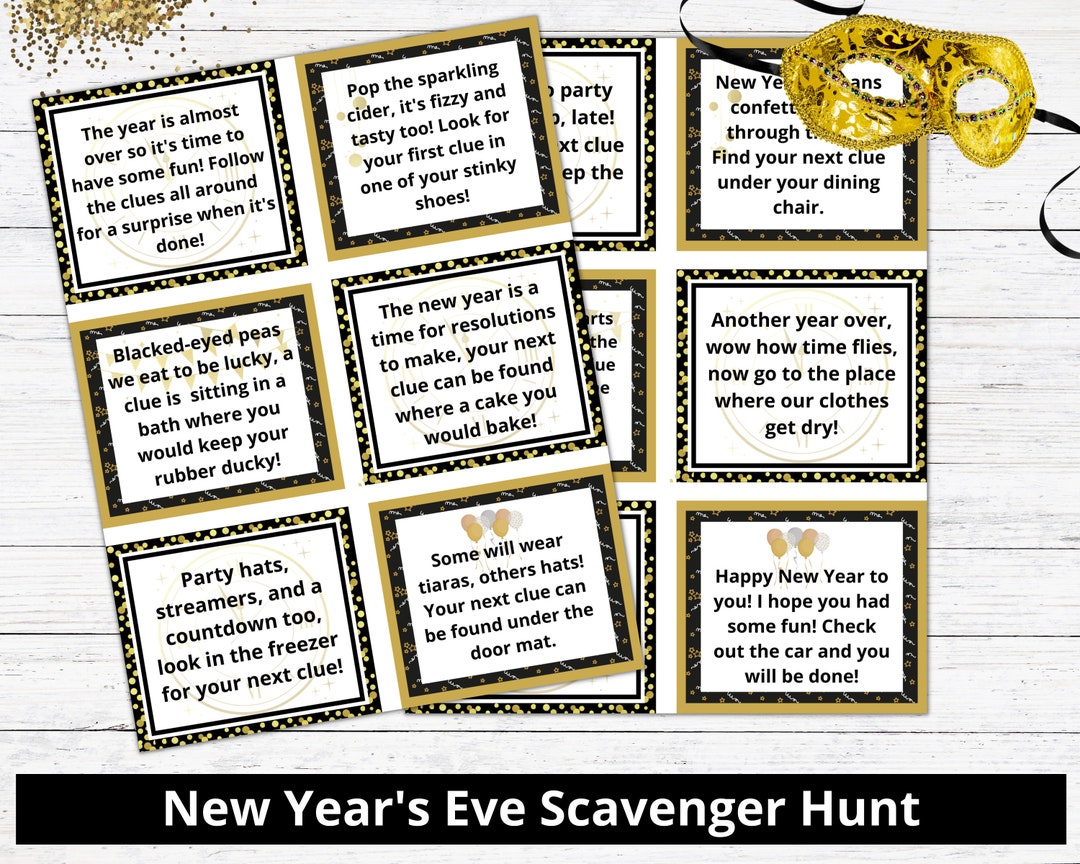 New Year's Scavenger Hunt Clue Cards / New Year Eve Treasure Hunt Clues ...