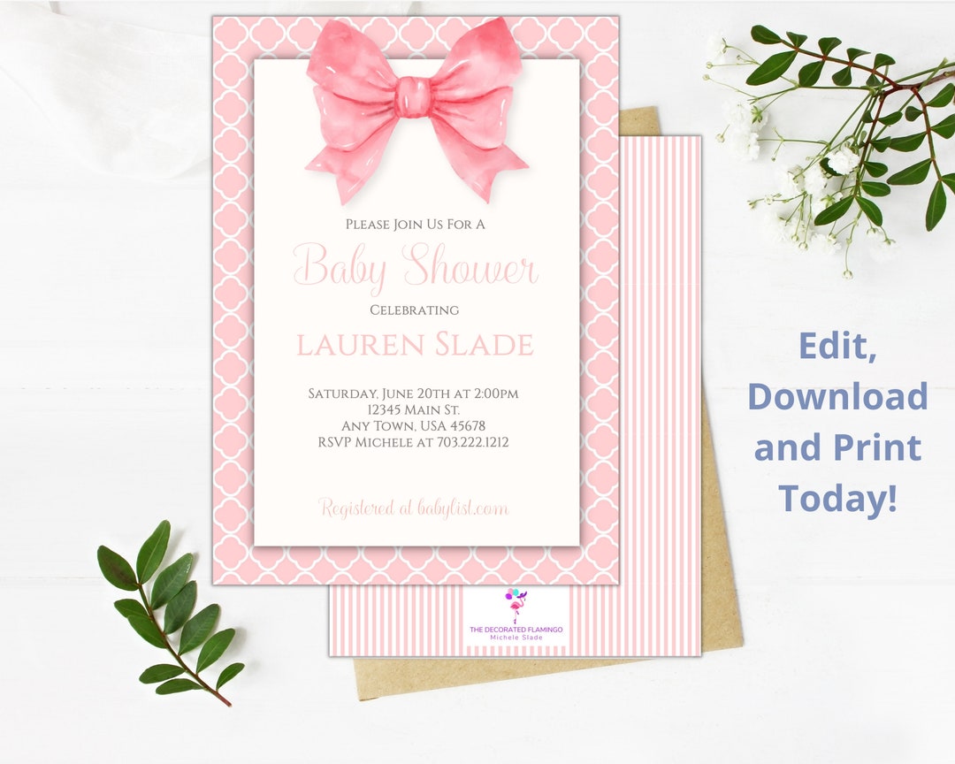 Preppy Pink Bow Baby Shower Invitation, Girl Baby Shower Invitations ...