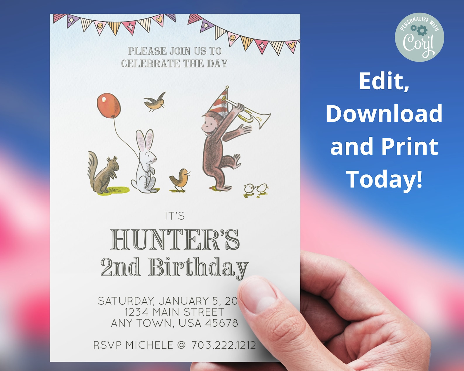 Curious George Invitation Watercolor Curious George Simple - Etsy