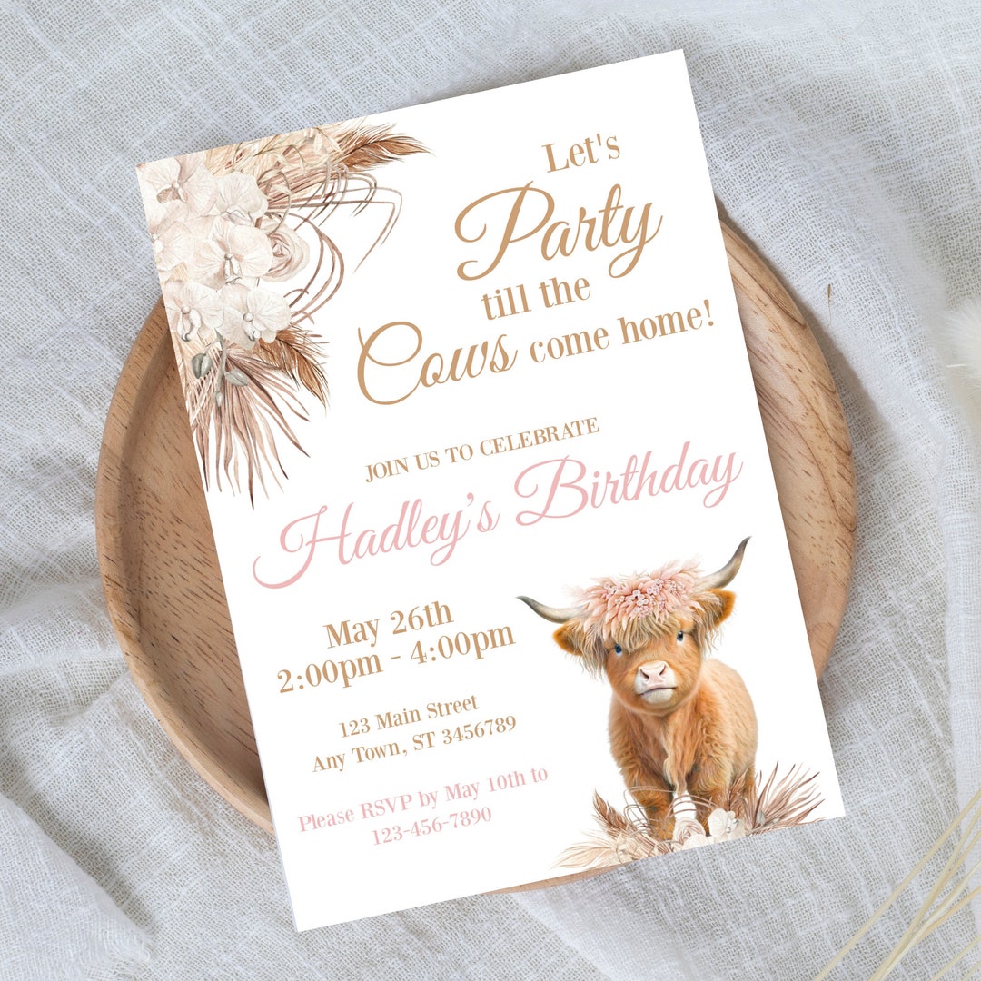 Editable Cow Birthday Party Invitation Holy Cow Let's Party Till the ...