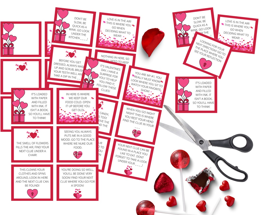 Valentines Day Scavenger Hunt Clue Cards / Valentine's Day Treasure ...