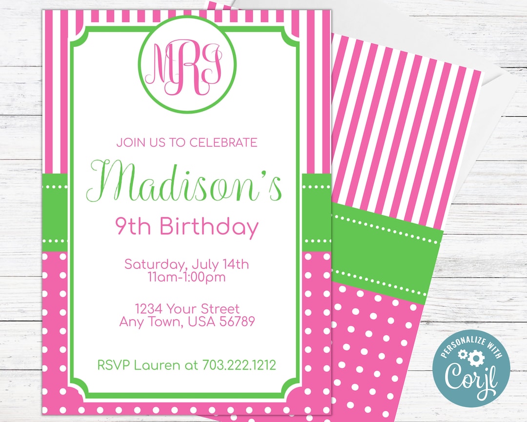 Monogram Birthday Invitation, Preppy Invitation, Pink and Green ...