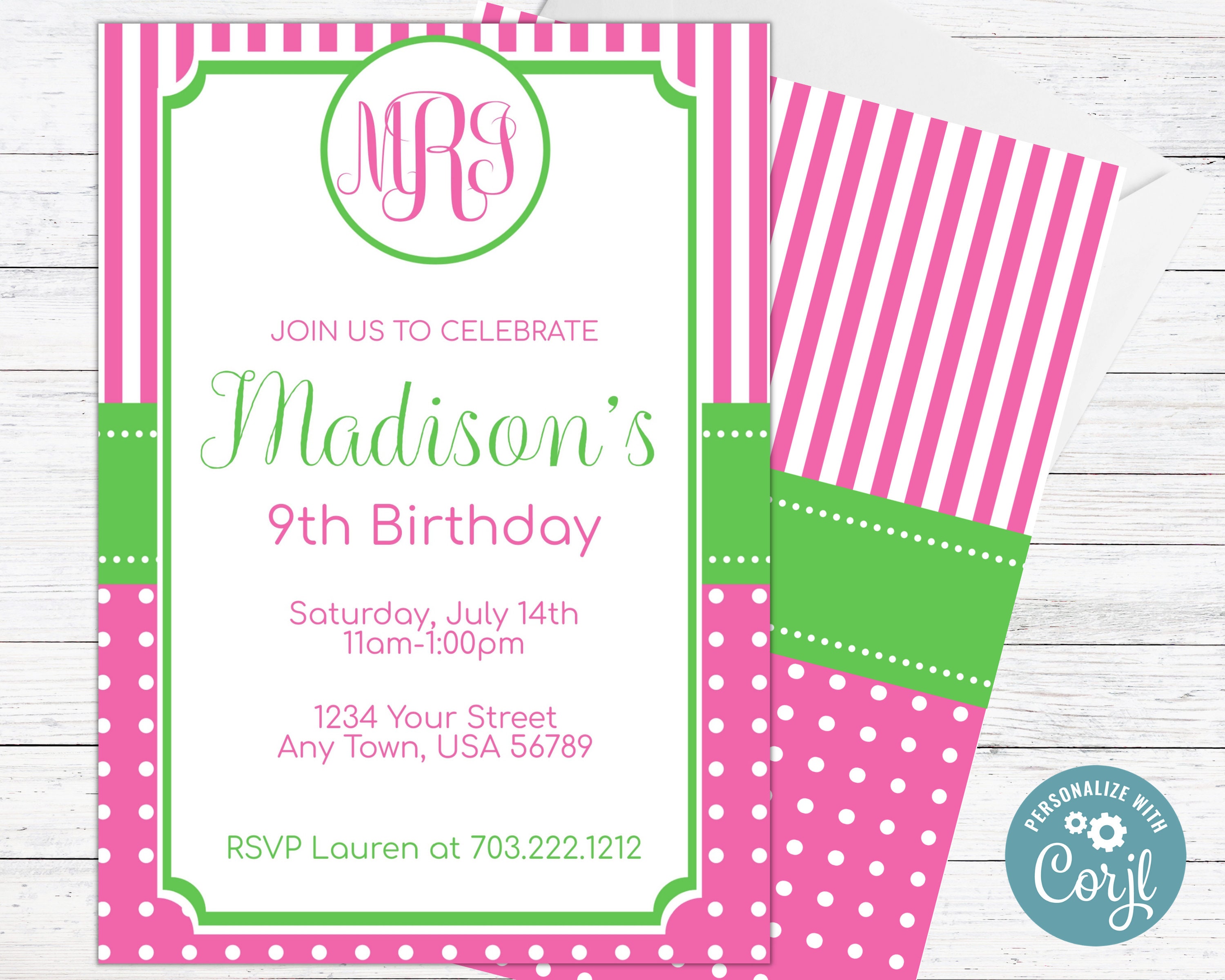 Monogram Birthday Invitation Preppy Invitation Pink And | Etsy