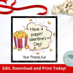 Popcorn Valentine Tags, Kids Valentines Cards Printable, EDITABLE Names ...