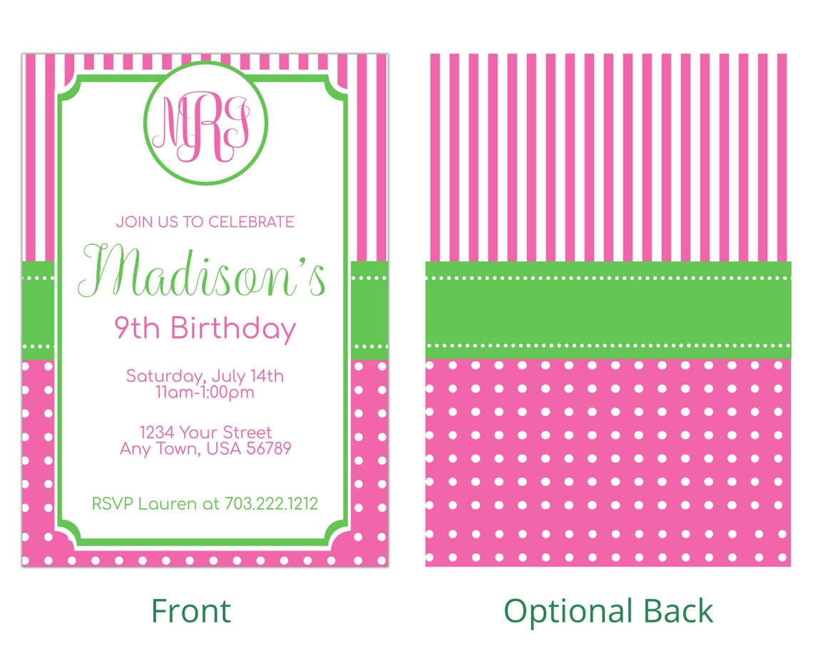 Monogram Birthday Invitation, Preppy Invitation, Pink and Green ...