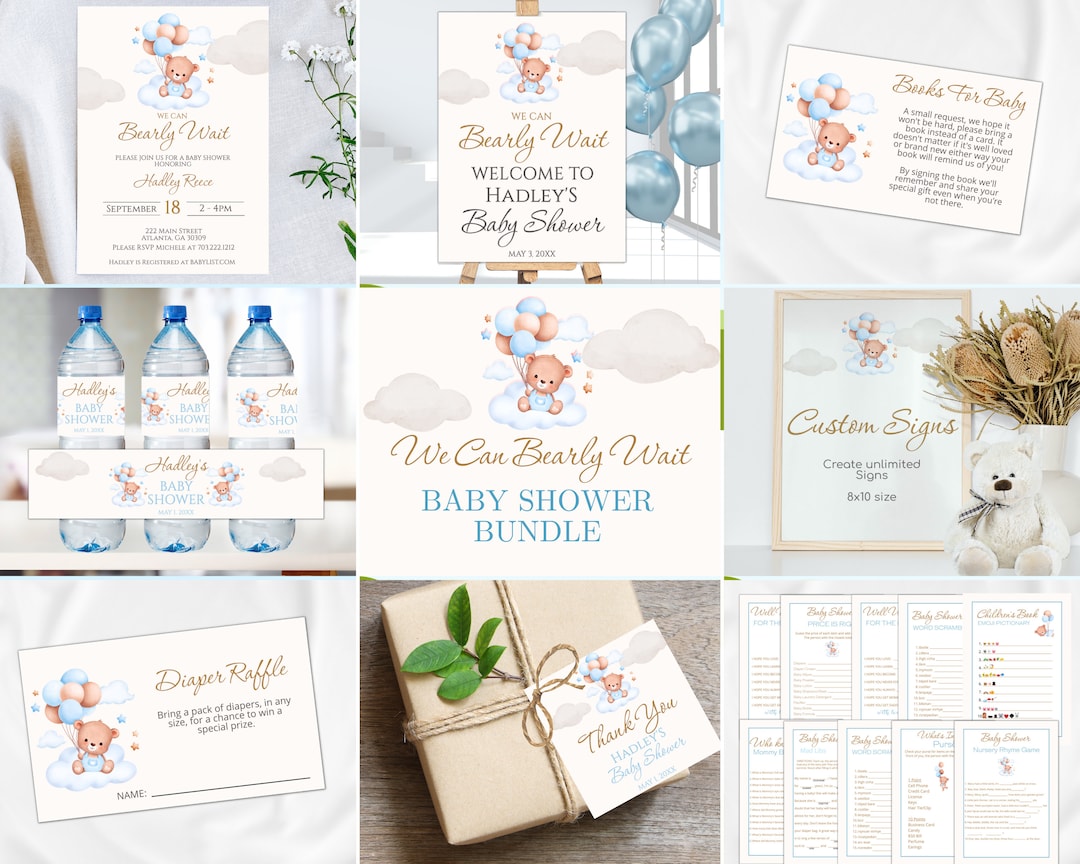 Bear Baby Shower Bundle, Blue Bear Baby Shower Invitation Bundle, We ...
