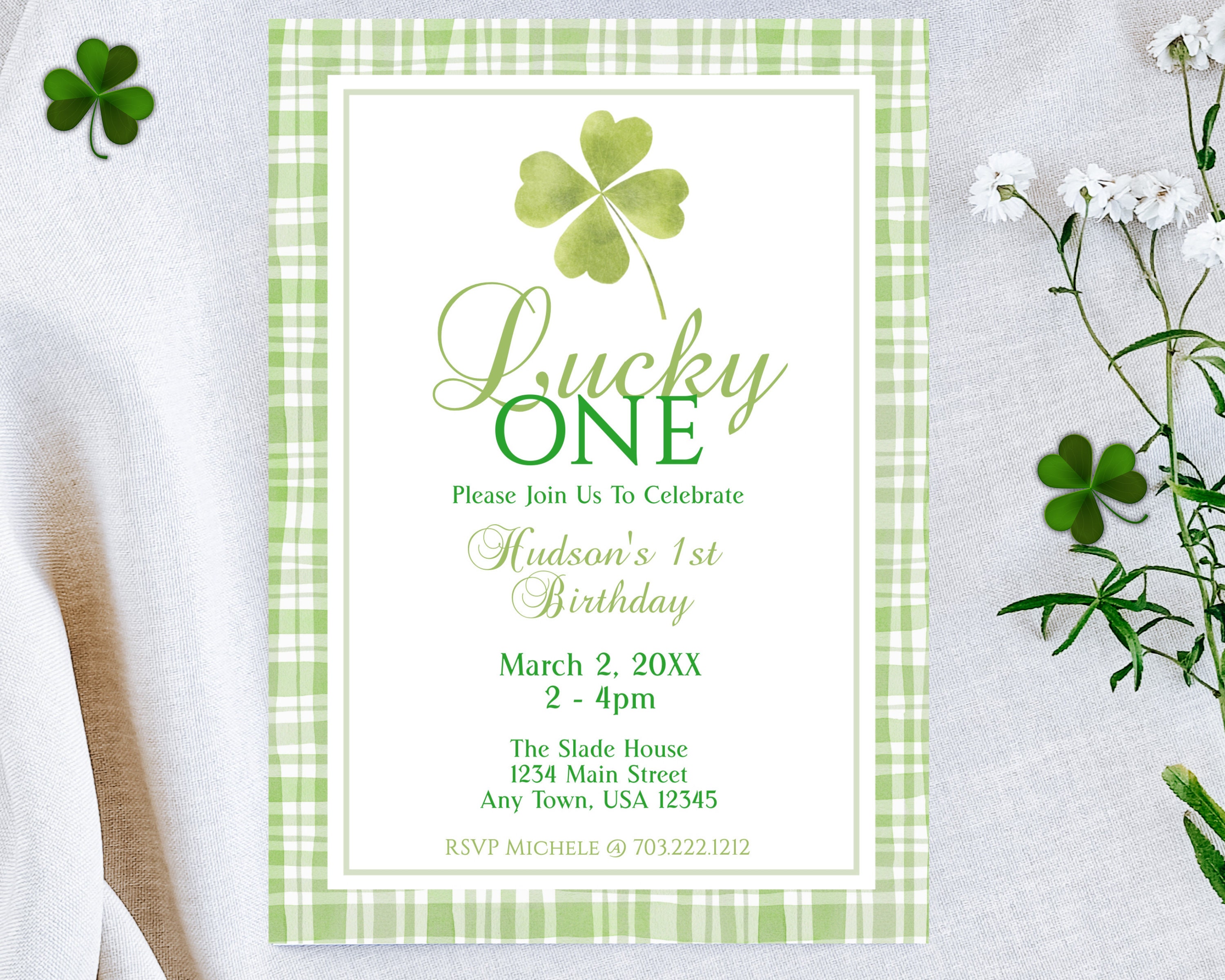 Watercolor Four Leaf Clover Birthday Invitation Lucky ONE - Etsy