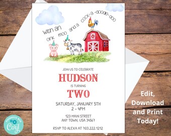 Farm Birthday Farm Animals Party Invitation Oink Moo - Etsy
