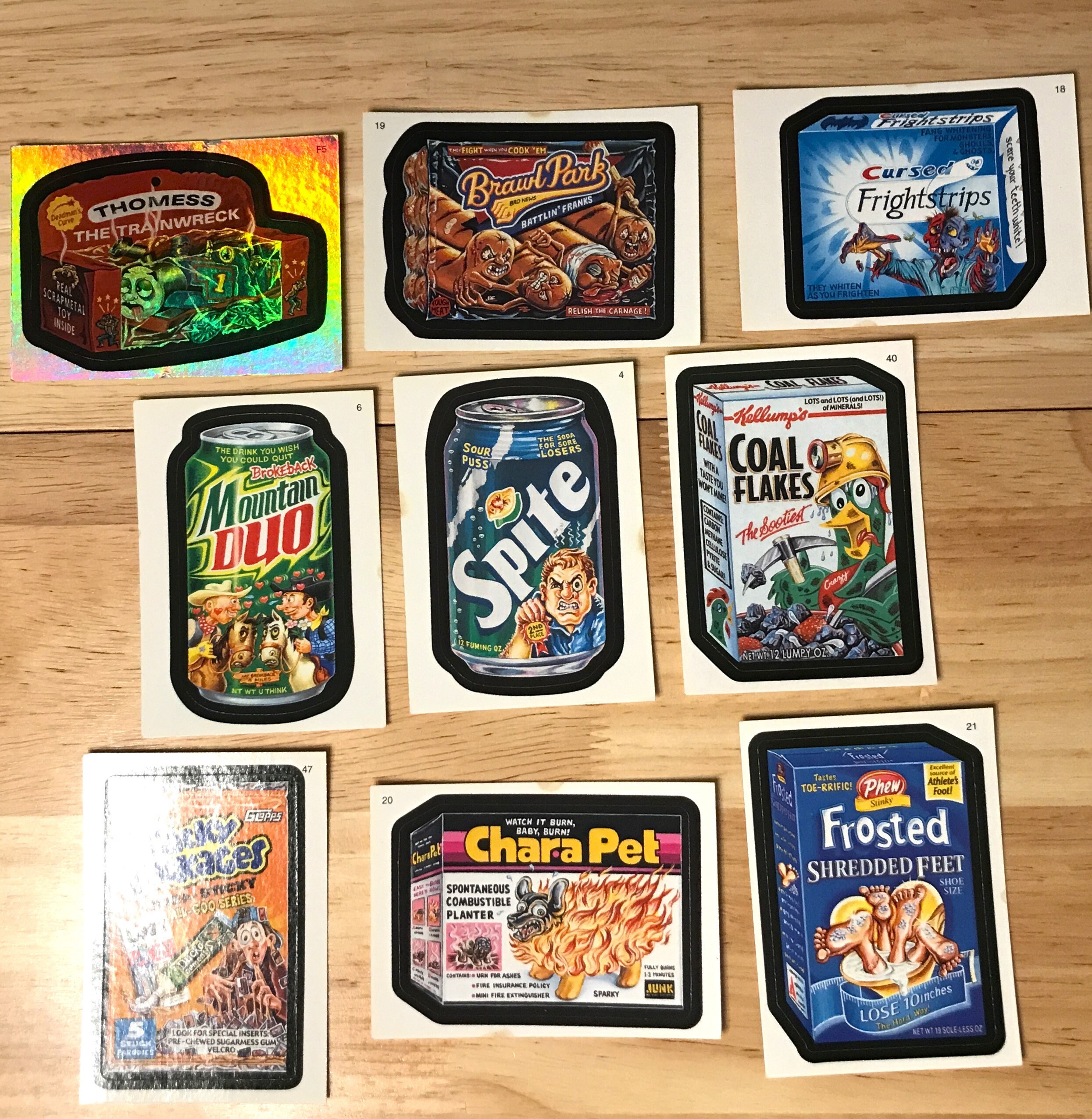 Wacky Packages Sticker Cards, Set of 9, Thomess Trainwreck, Brawl Park ...