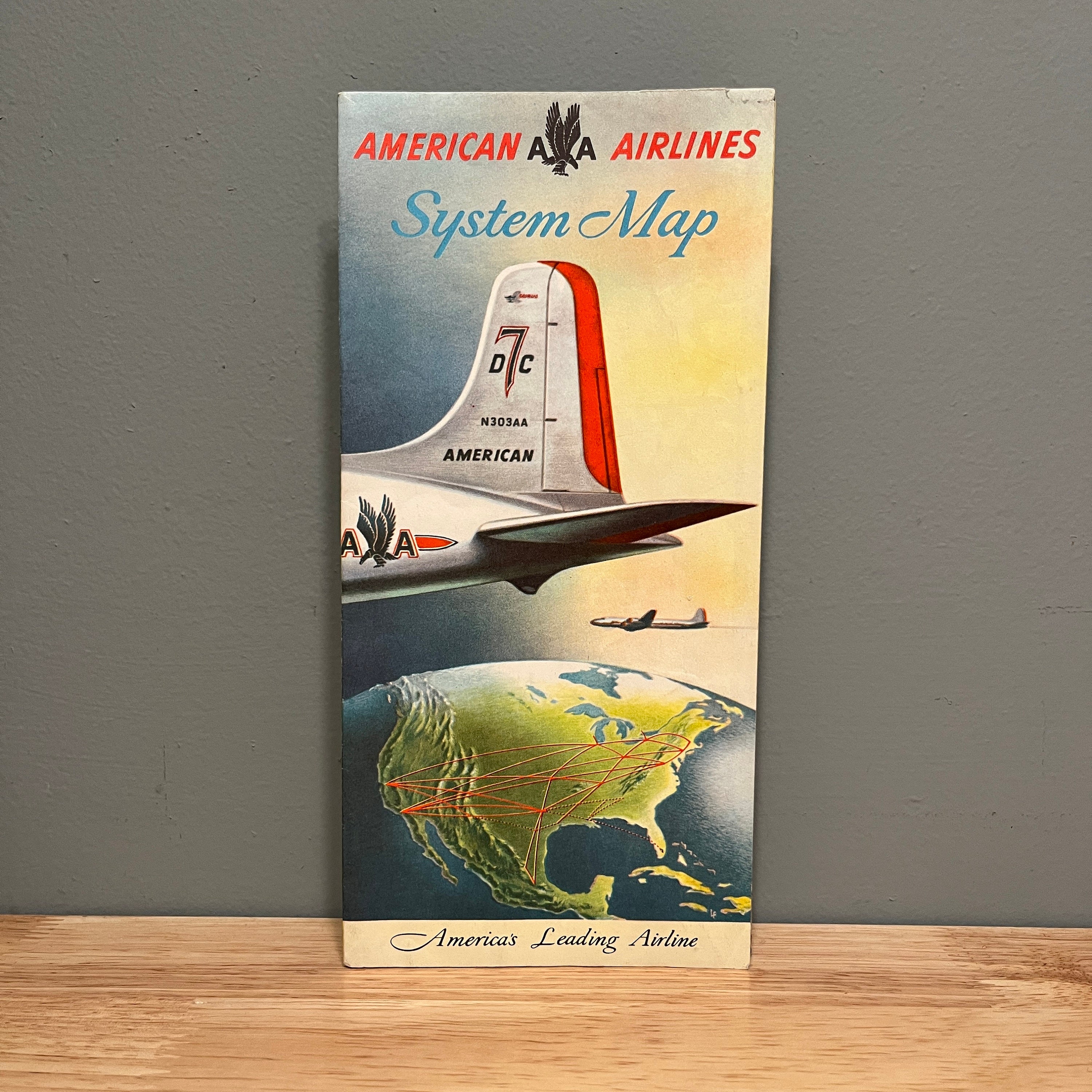 Vintage American Airlines, System Map, Printed in 1956, DC 7 N303 ...