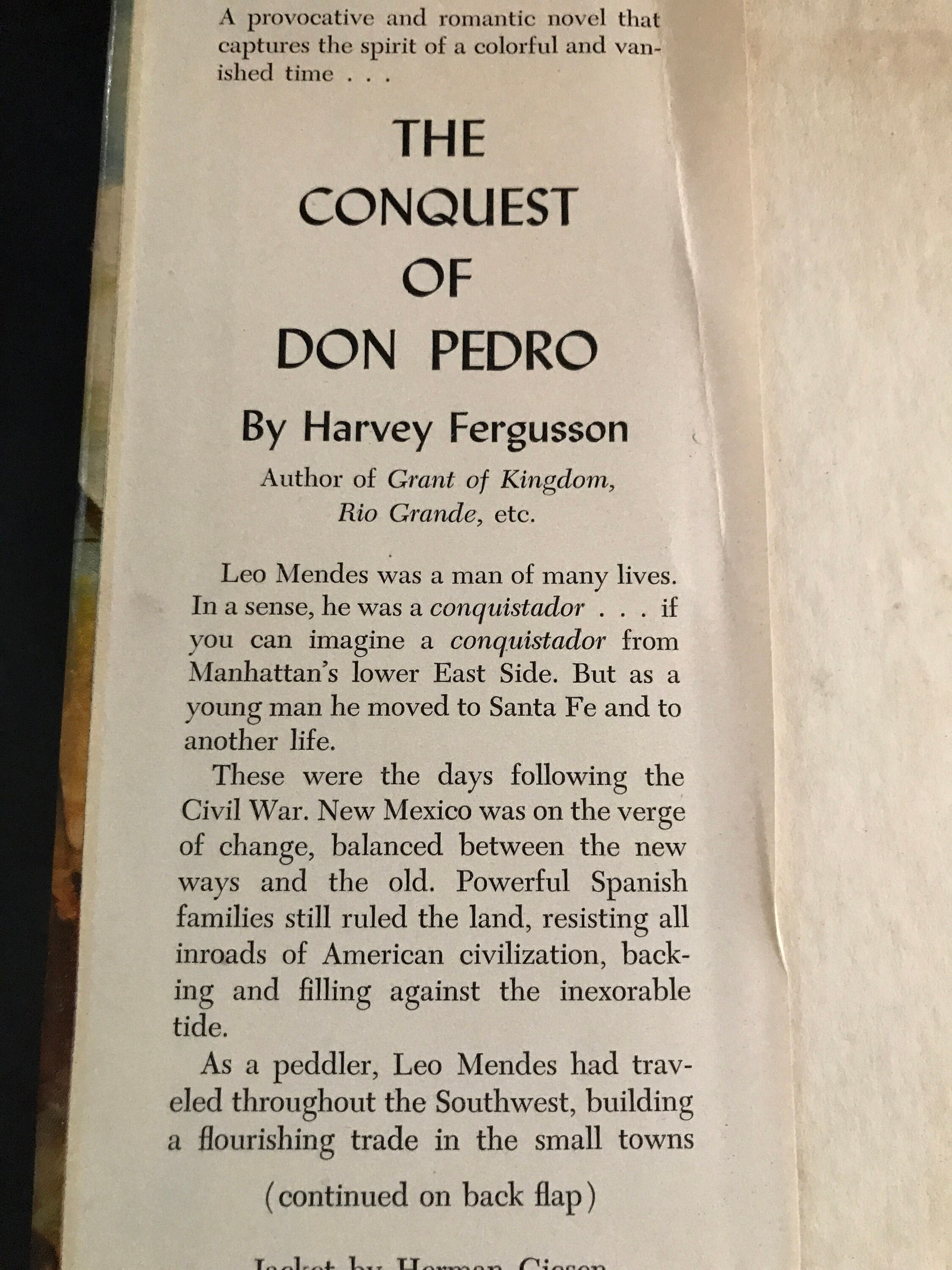 Vintage the Conquest of Don Pedro, Harvey Fergusson, Copyright 1954 ...