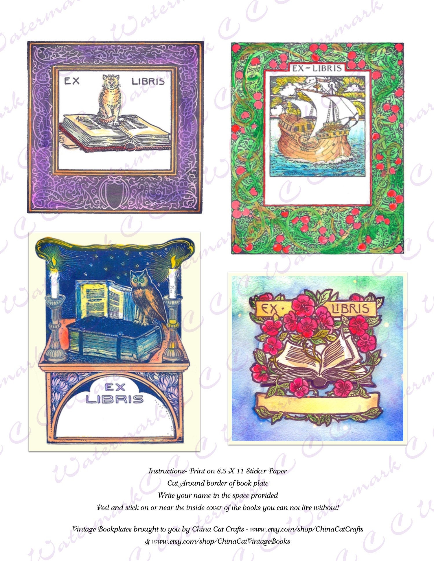 Printable Vintage Book Plates 4 Designs Cat Owl Flowers and - Etsy