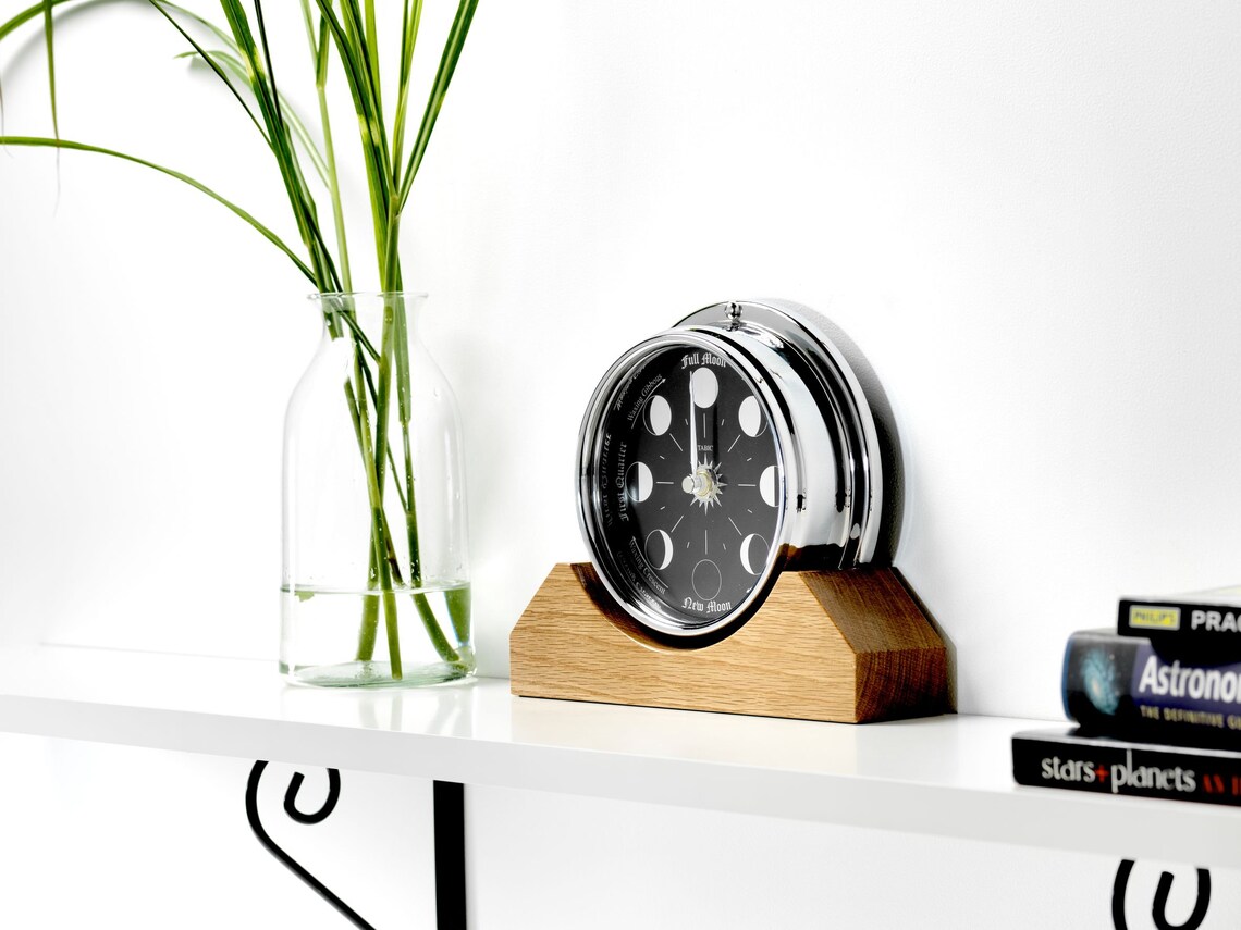 Handmade Prestige Moon Phase Clock in Chrome on an English Oak Mantel ...