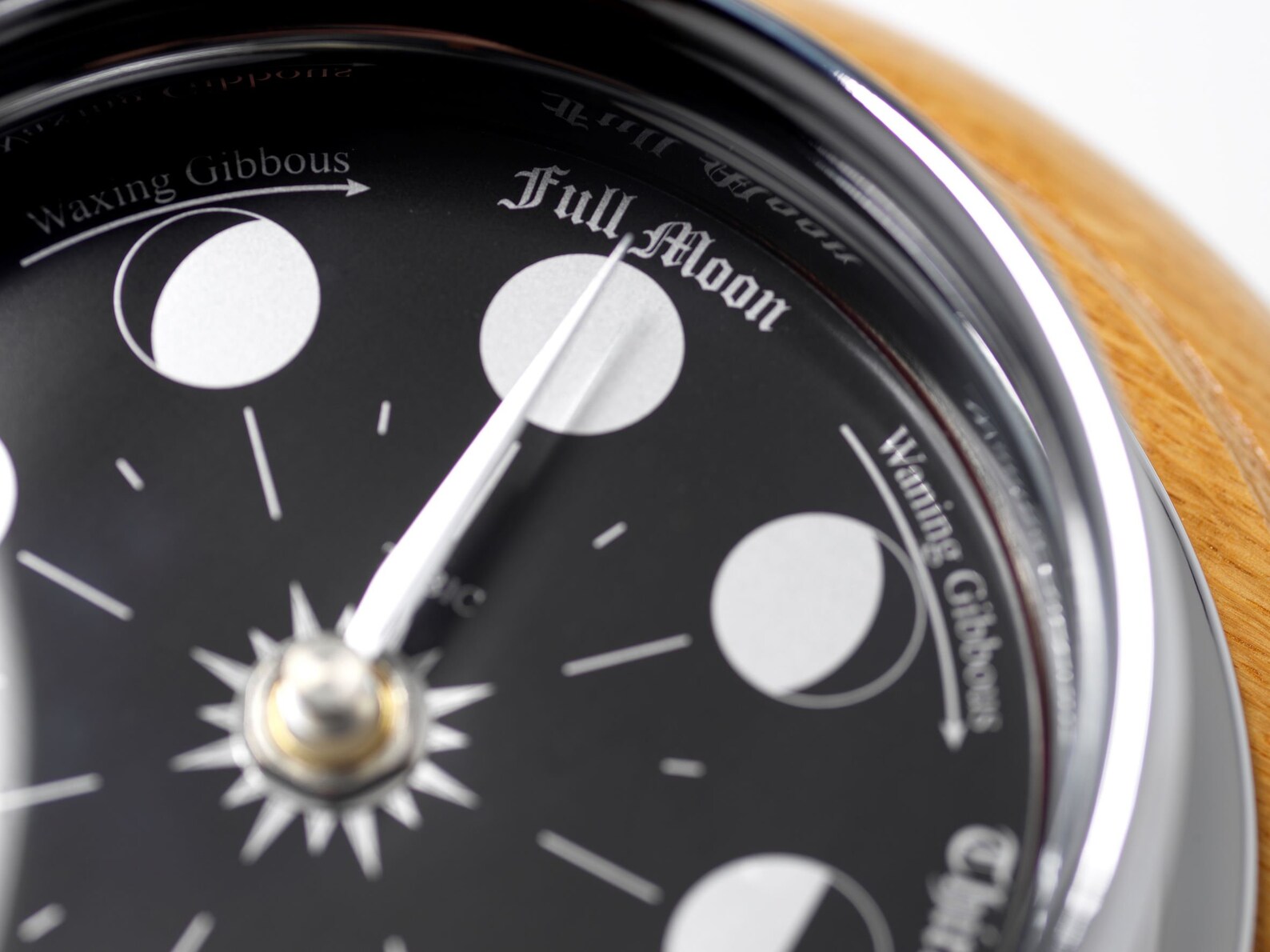 Tabic Handmade Prestige Moon Phase Clock in Chrome on an English Oak ...