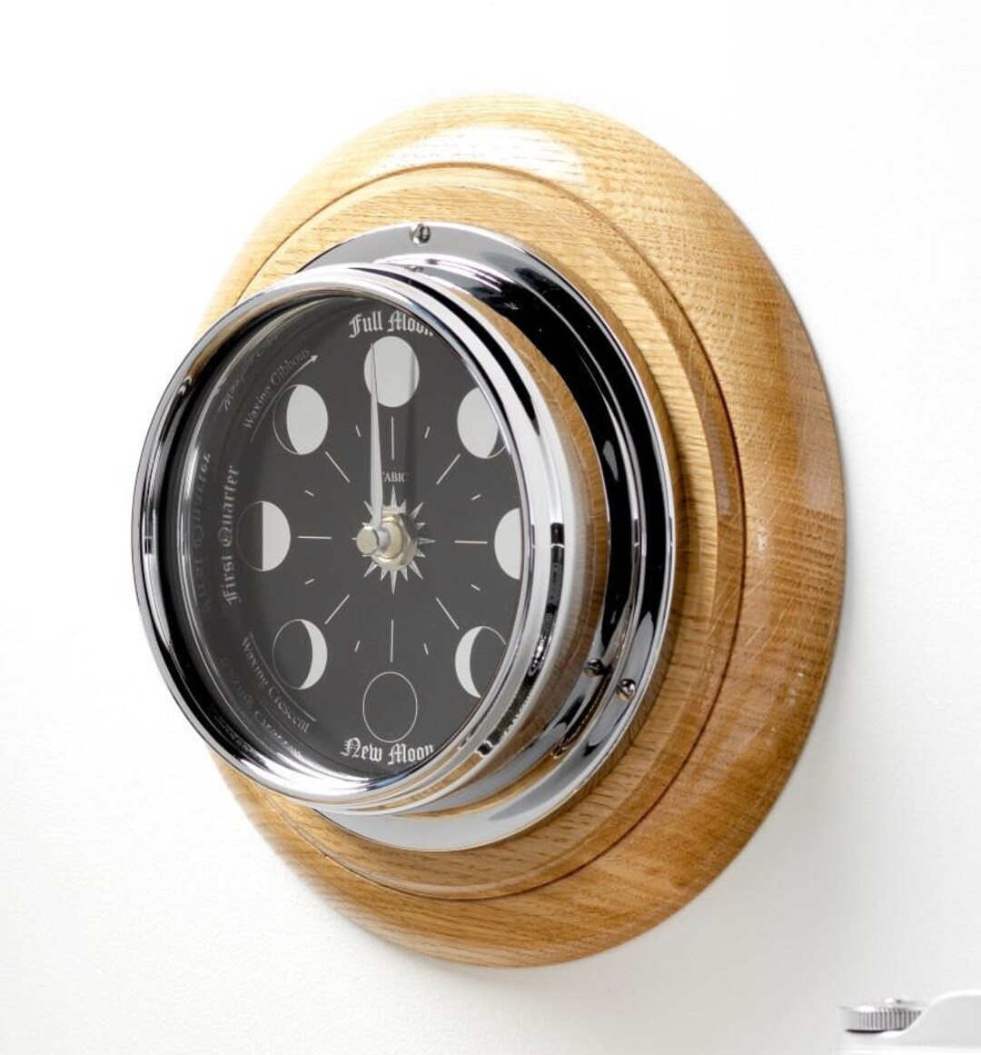 Tabic Handmade Prestige Moon Phase Clock in Chrome on an English Oak ...