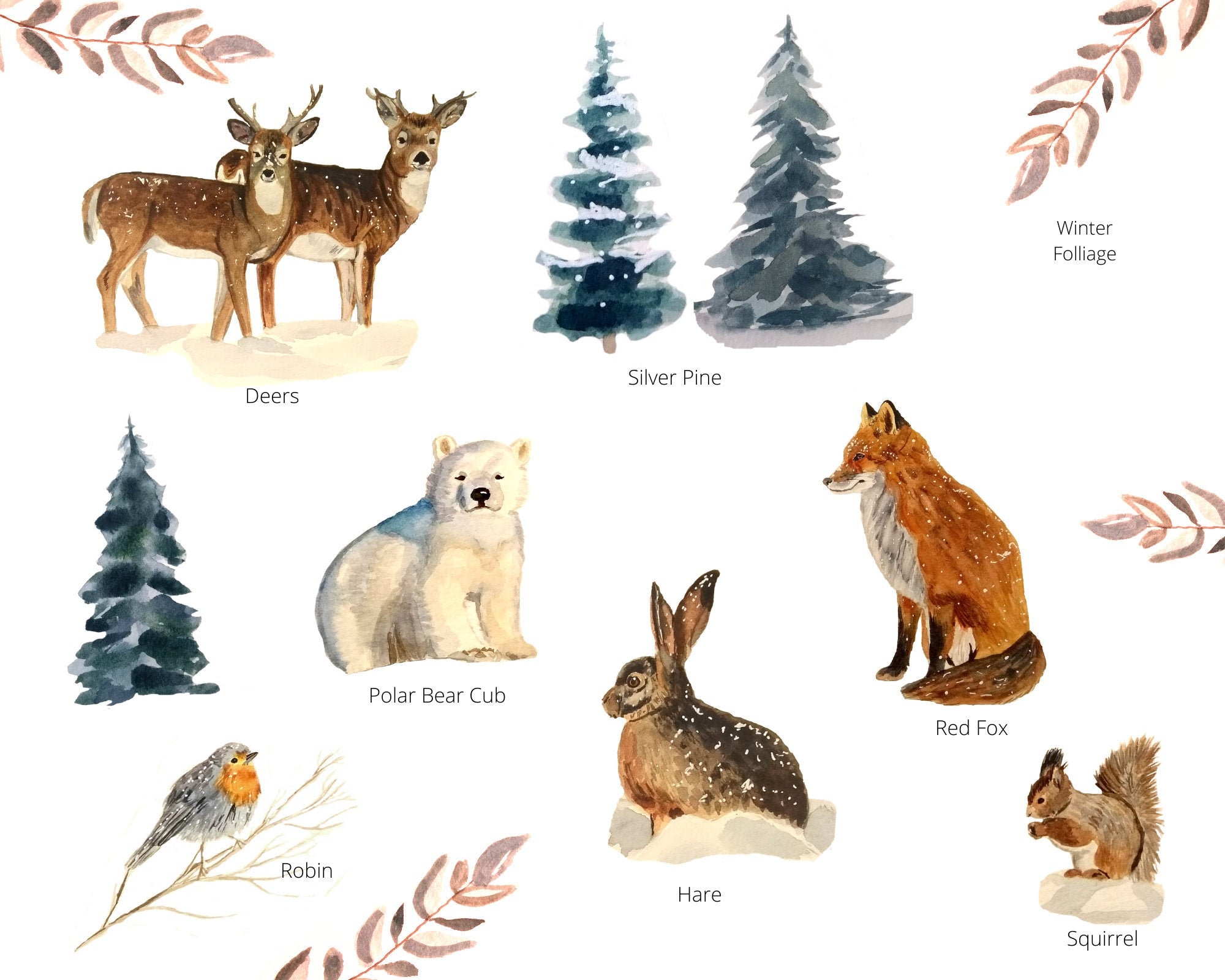 Watercolor Winter Clip Art, Winter Woodland, Watercolor Wildlife, Snow ...